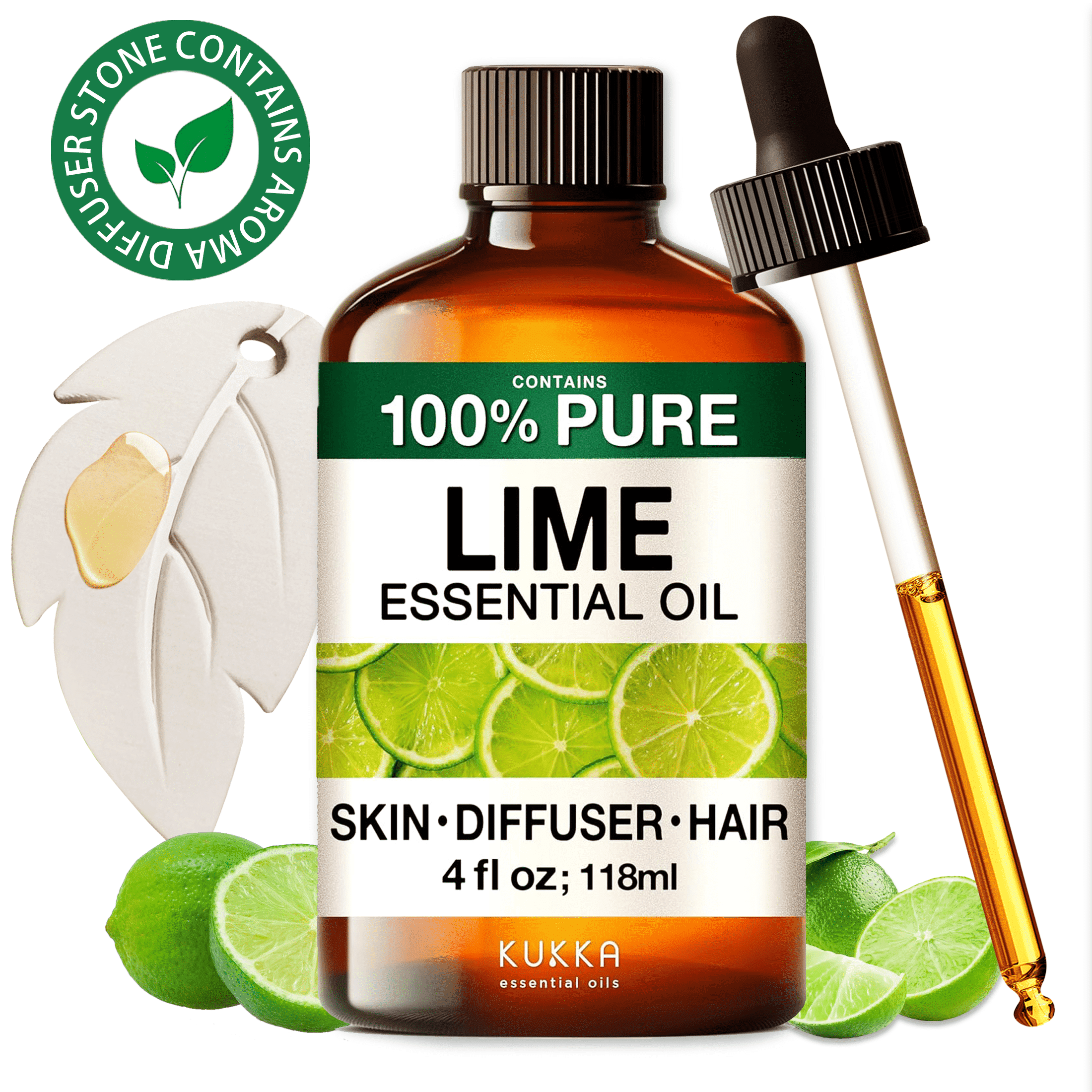 Kukka Lime Essential Oil with Aromatherapy Stone - 100% Pure Zesty ...