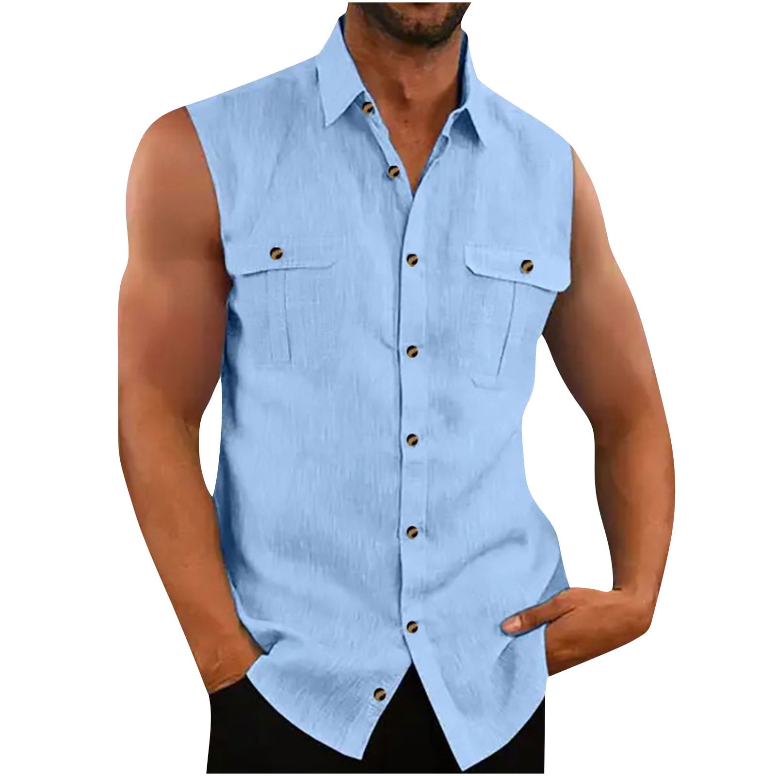 Kukoosong Men's Solid Color Linen Sleeveless Button-Up Shirt with Lapel ...
