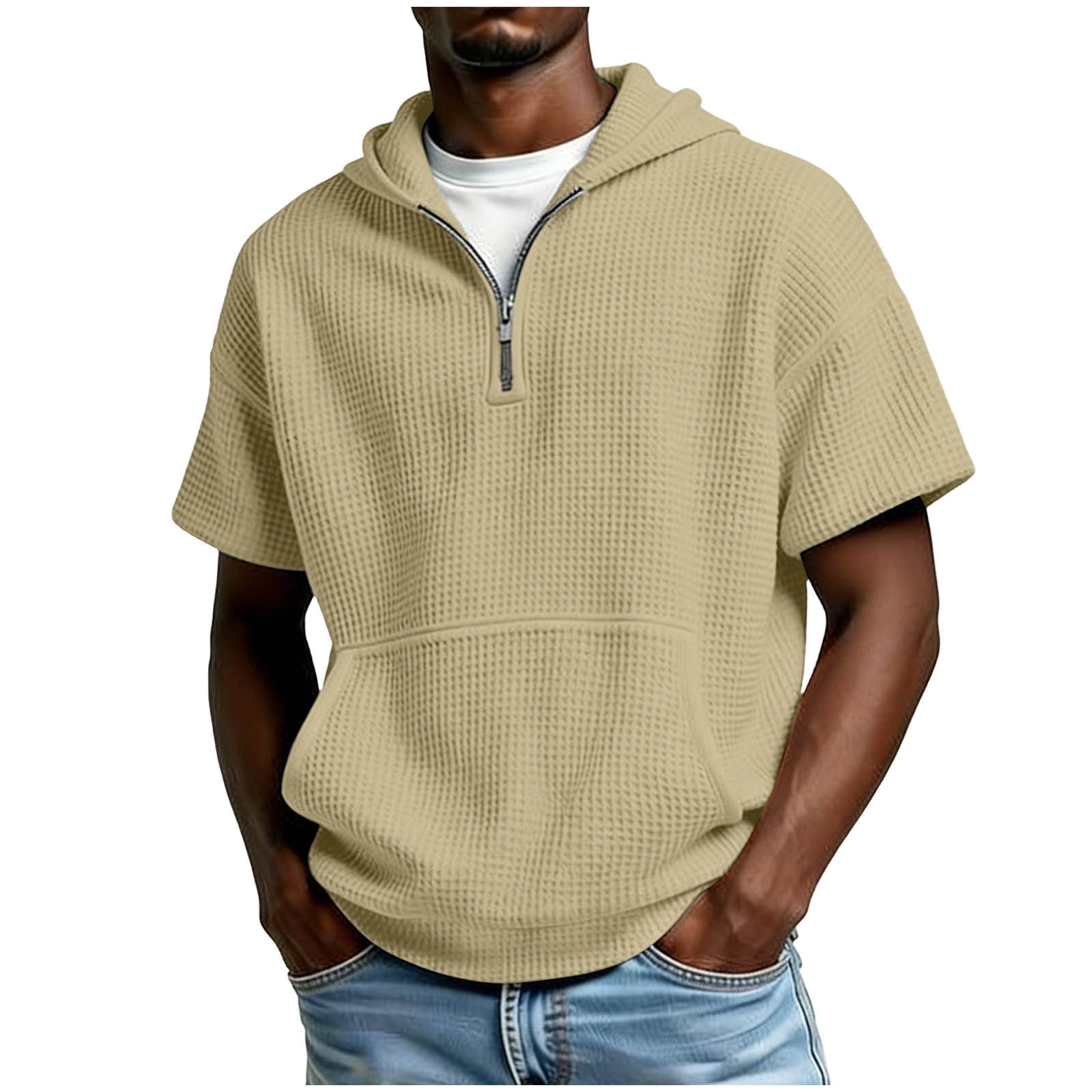 Kukoosong Men's Solid Color Short Sleeve Hooded Crop Top with Zipper ...