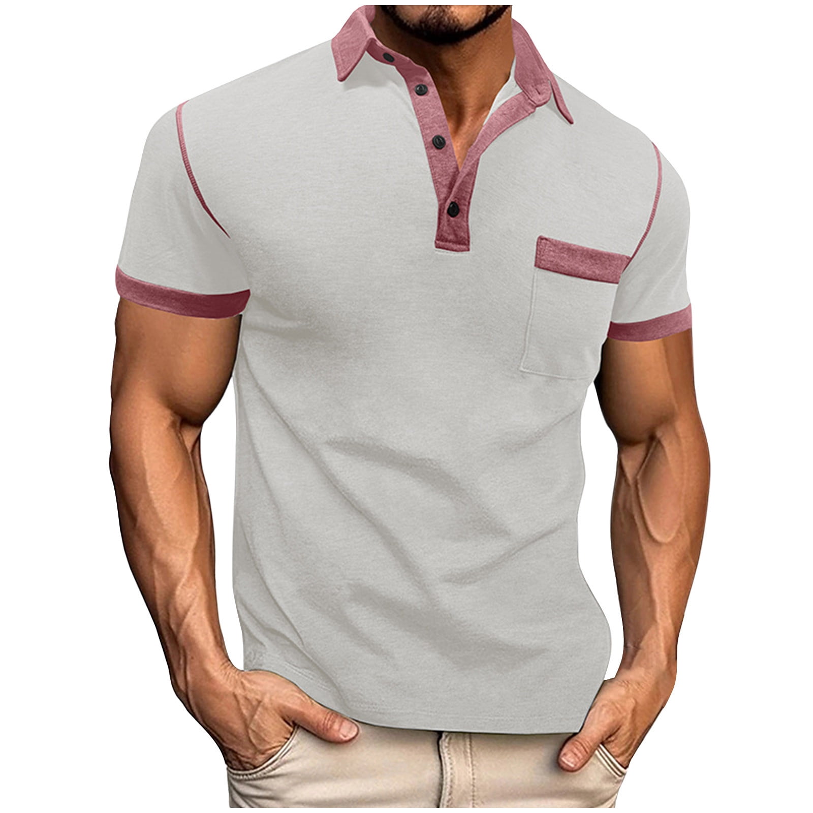 Kukoosong Men's Solid Color Short Sleeve Polo Shirt with Button Pocket ...