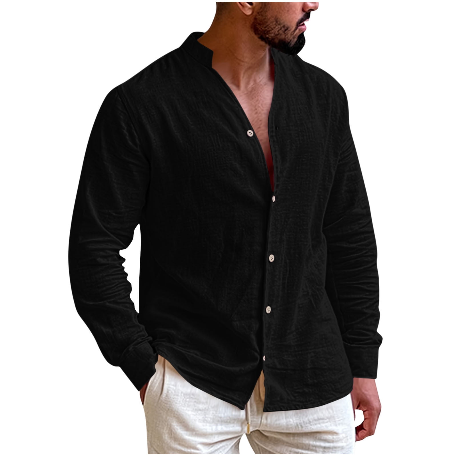 Kukoosong Men's V-Neck Long Sleeve Casual Button-Down Shirt with ...