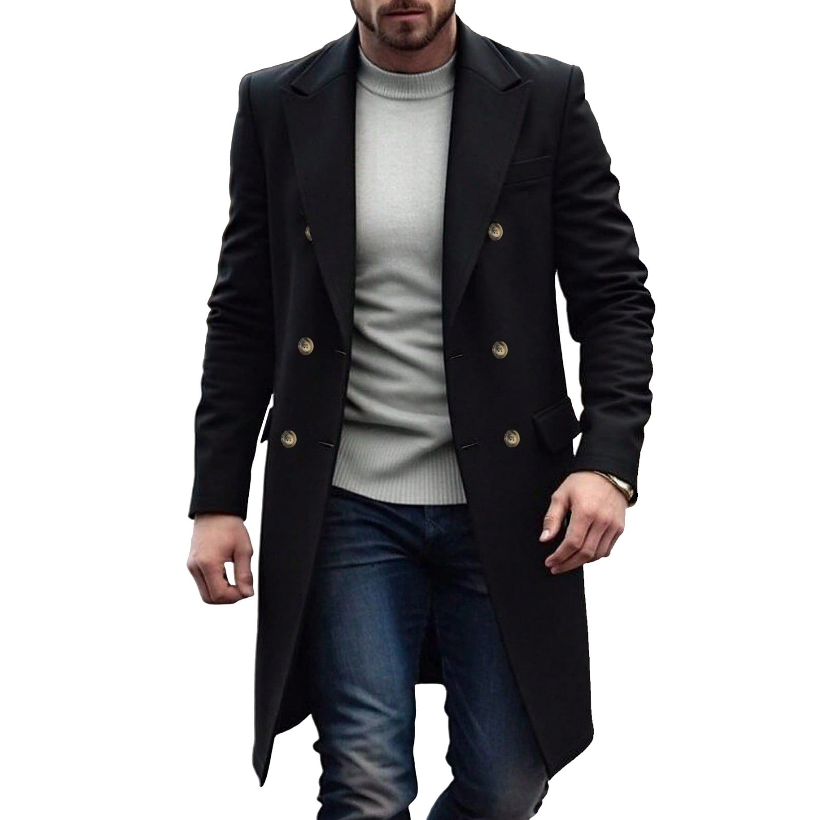 Kukoosong Men's Wool Blend Long Trench Coat Lapel Double-Breasted Tweed ...