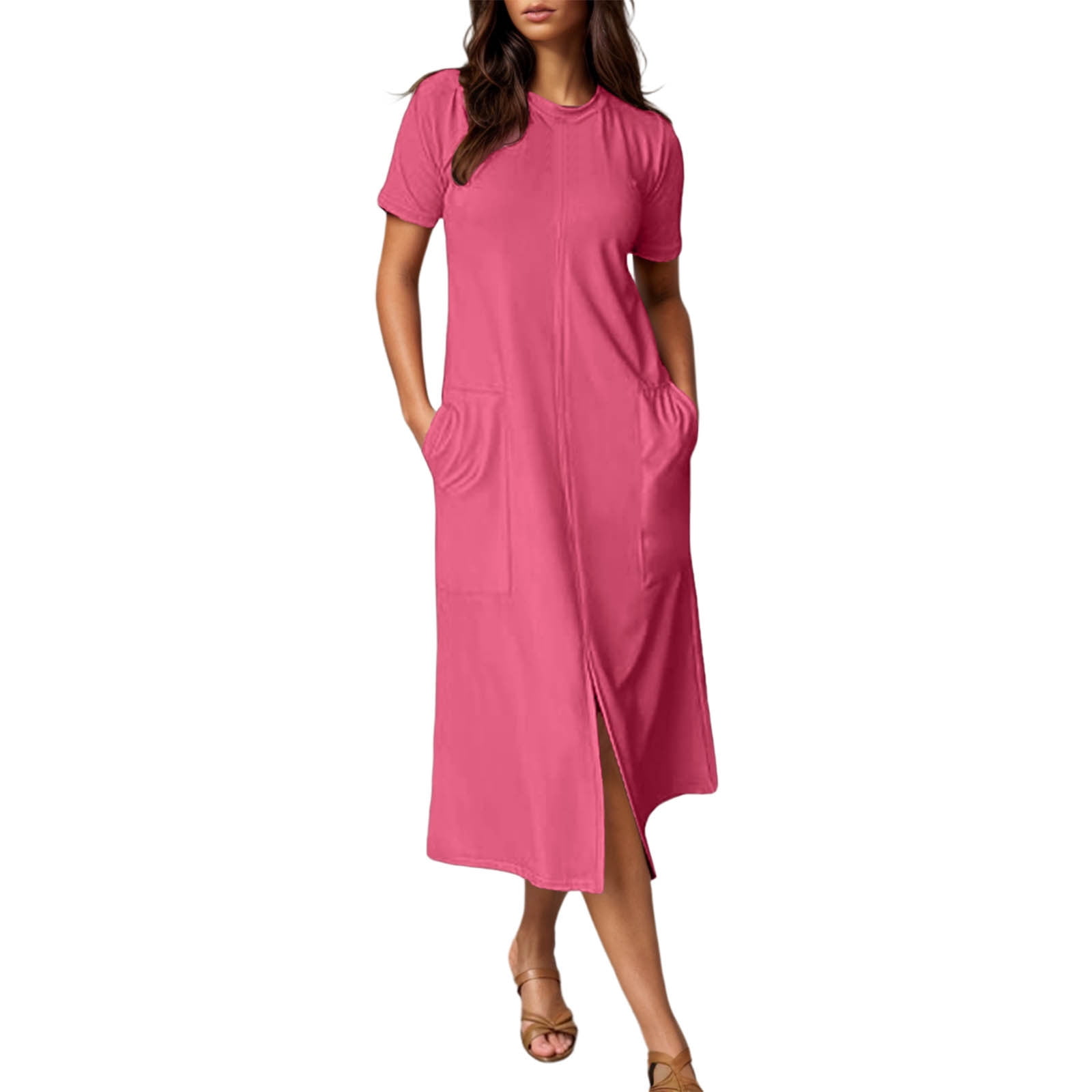 Kukoosong Summer Dresses for Women Crew Neck Slim Fit Tea-Length Short ...