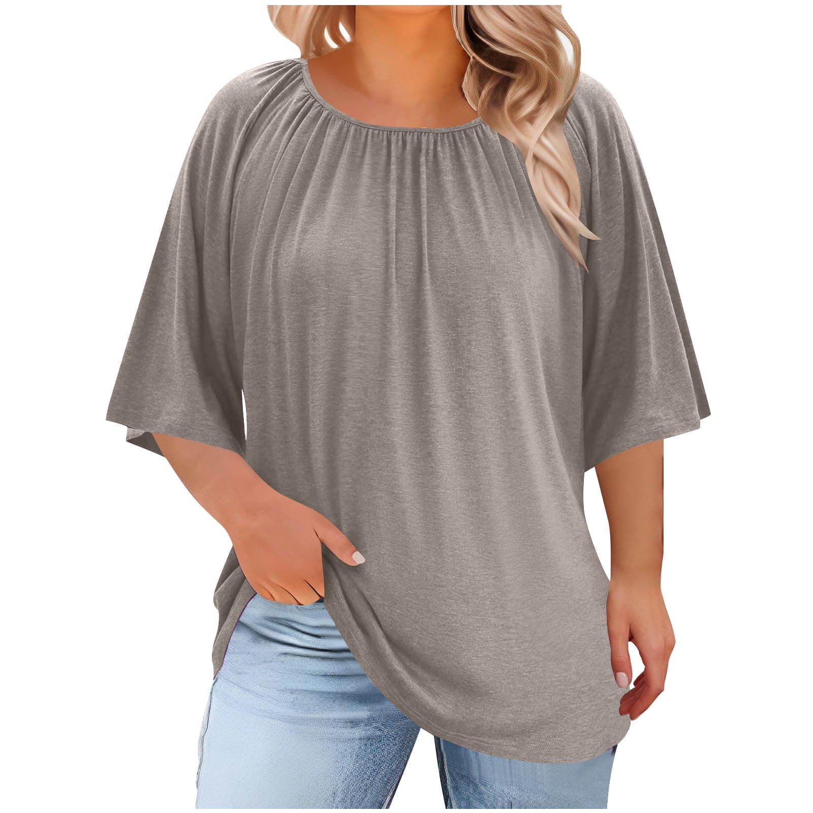 Kukoosong Women's Casual 3/4 Sleeve Crew Neck Crop Top Plus Size T ...