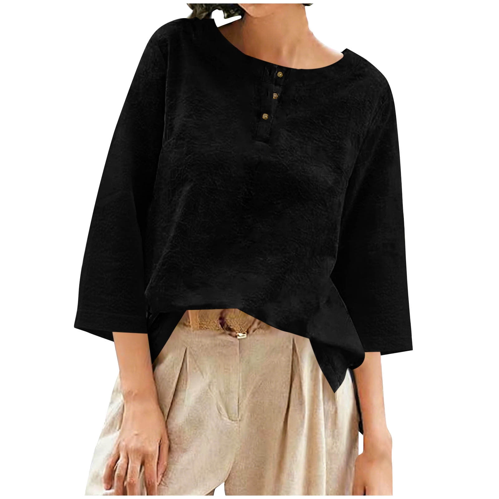 Kukoosong Women's Casual 3/4 Sleeve Crew Neck Crop Top, Solid Color ...