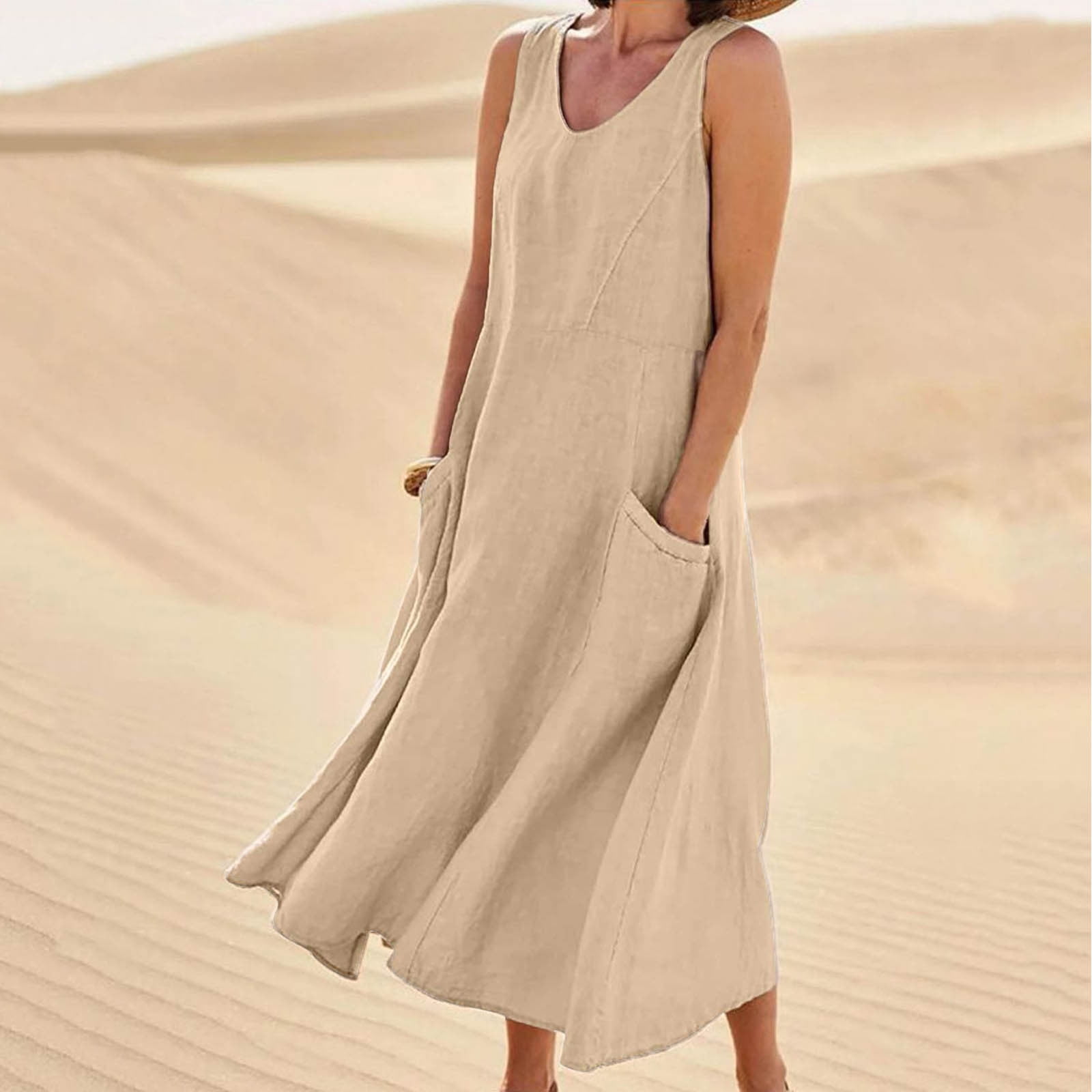 Kukoosong Women's Casual Loose Sundress Sleeveless Cotton Linen Long ...