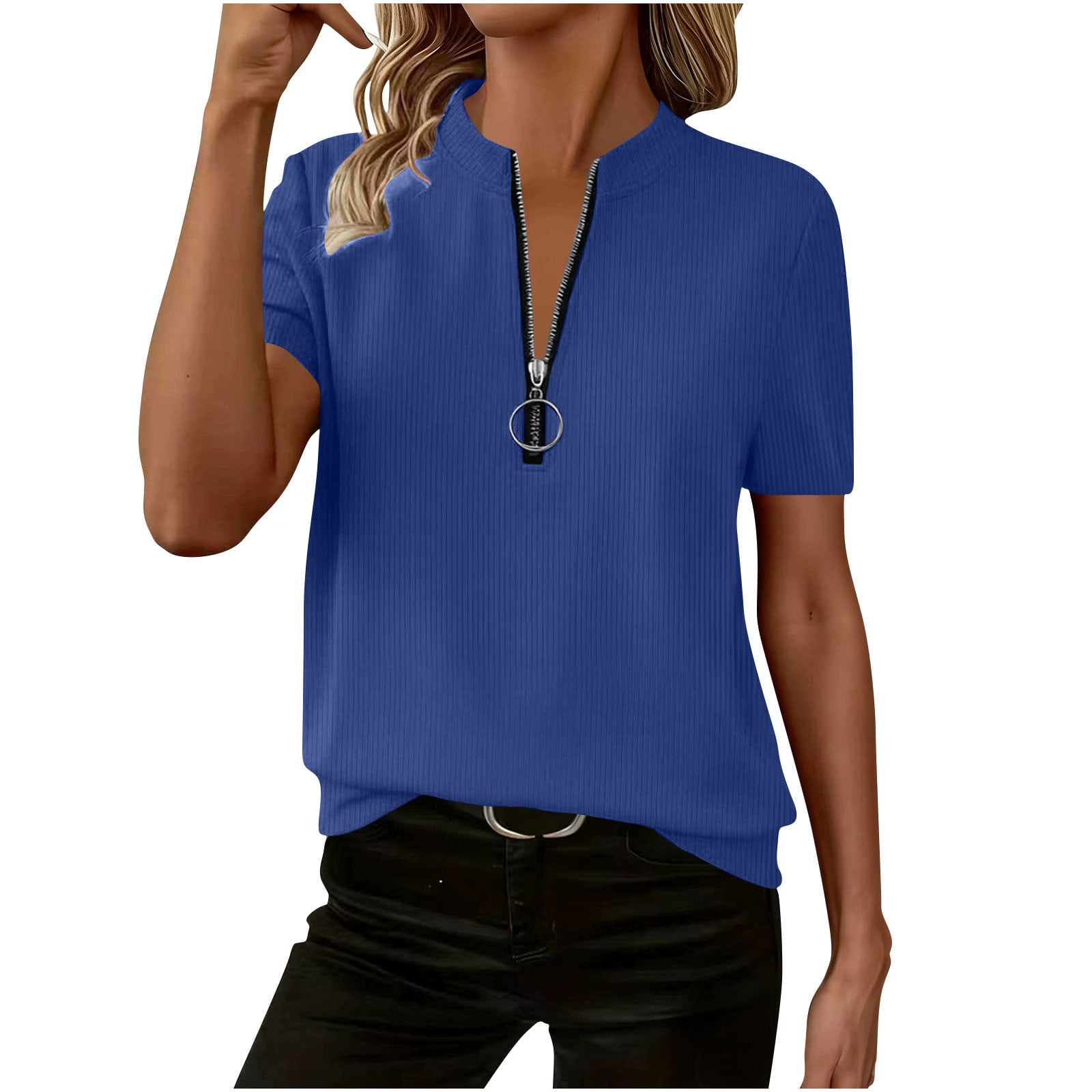 Kukoosong Women's Casual Short Sleeve Crop Top with Zip Mock Neck ...