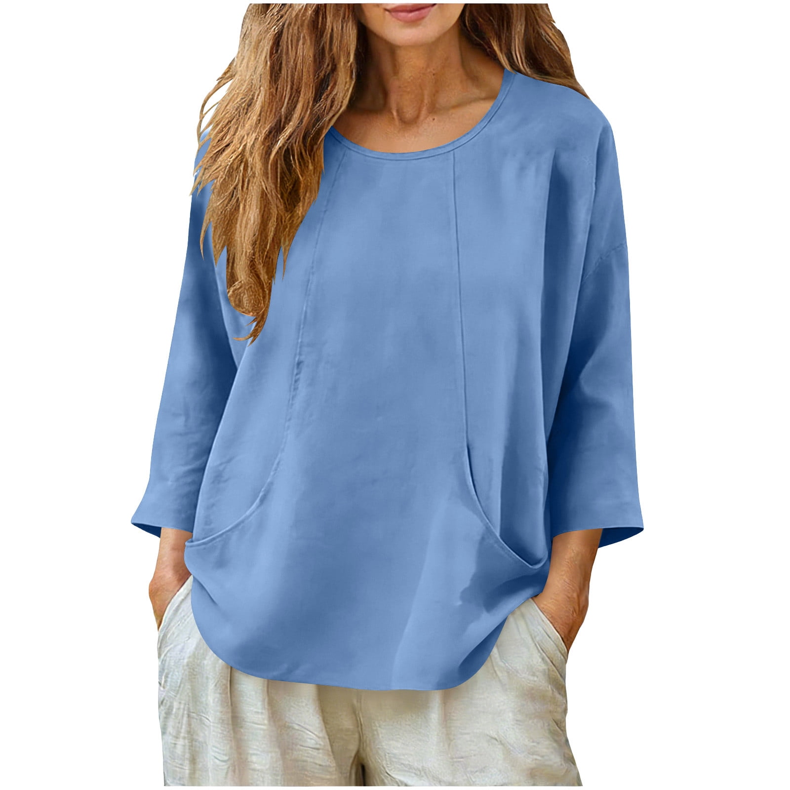 Kukoosong Women's Crew Neck Long Sleeve Shirts Basic Loose Fit Cotton ...