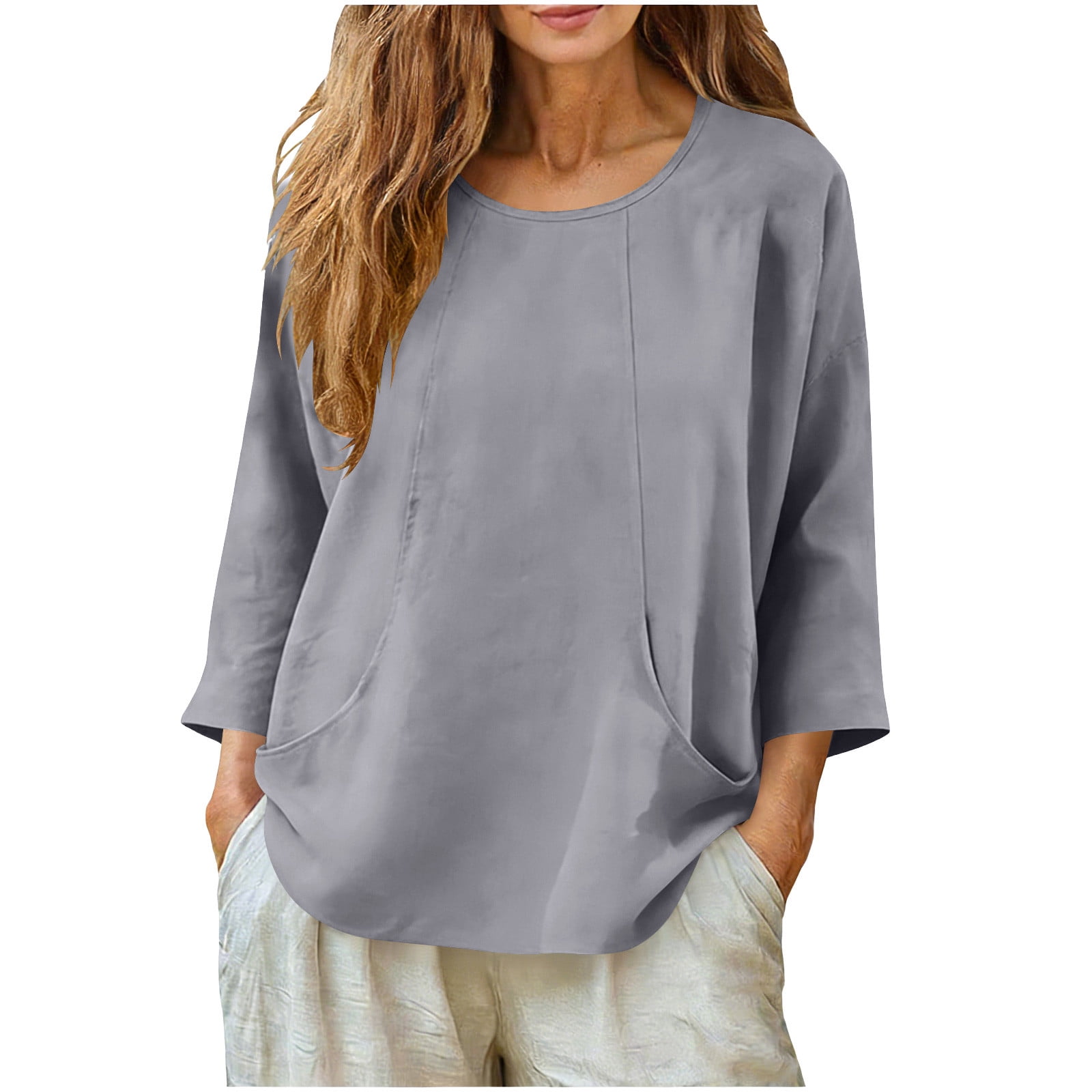 Kukoosong Women's Crew Neck Long Sleeve Shirts Basic Loose Fit Cotton ...