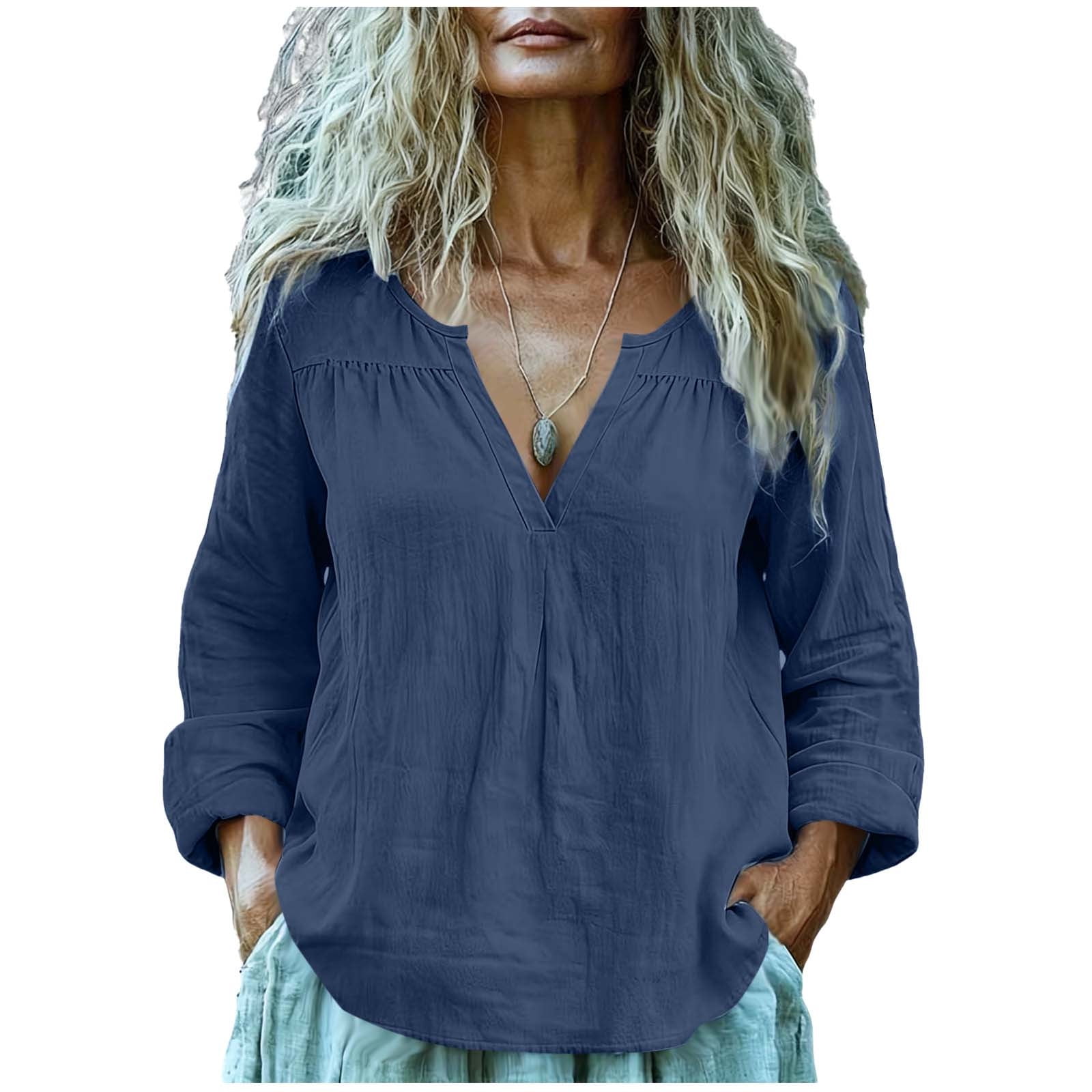 Kukoosong Women's Fashion Casual Long Sleeve V-Neck Pull-On Blouse with ...