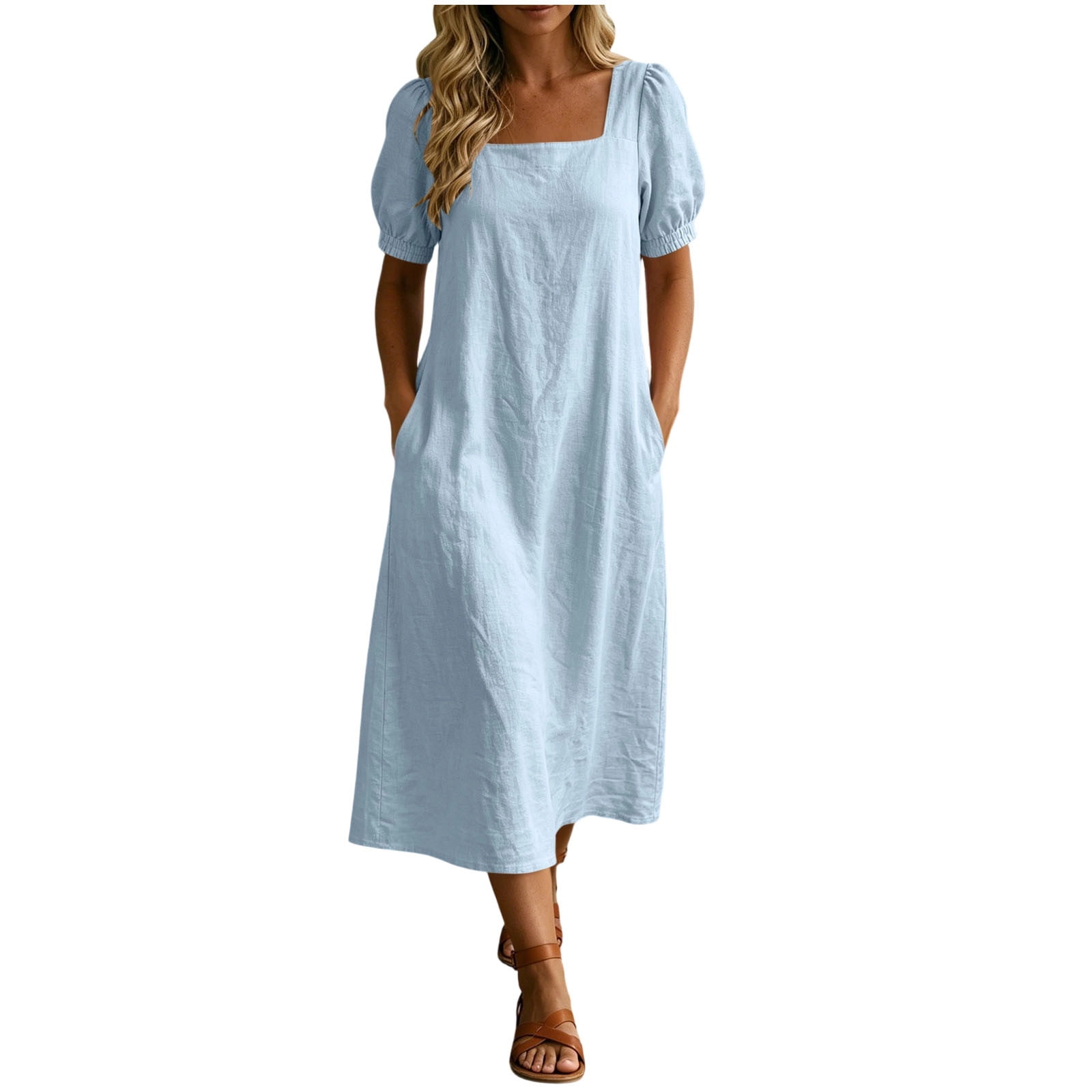 Kukoosong Women's Short Sleeve Square Neck Midi Dress, Puff Sleeve ...