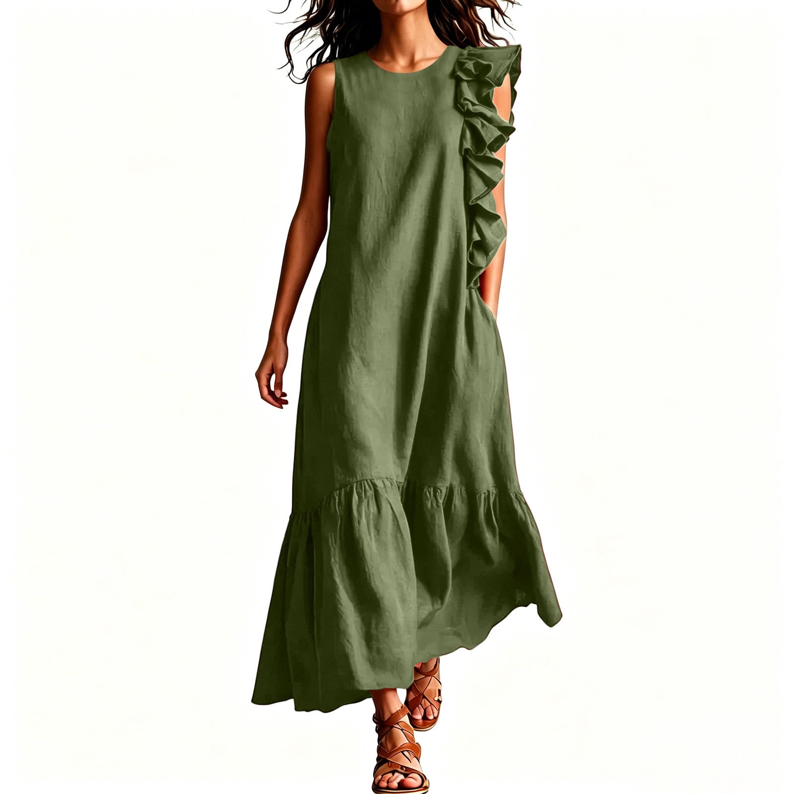 Kukoosong Women's Sleeveless Ruffle Trim Midi Dress, Round Neck Flowy A ...
