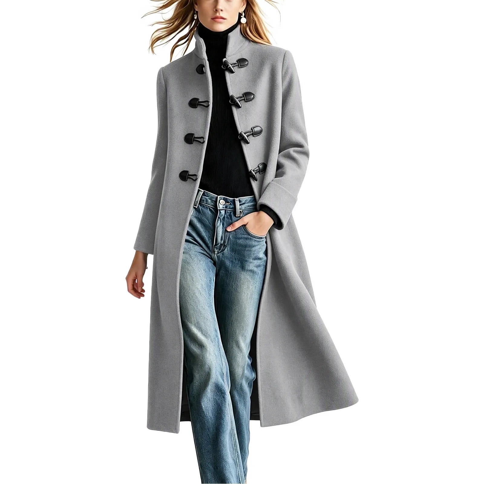 Kukoosong Women's Stand Collar Duffle Tweed Coat, Long Sleeve Toggle ...