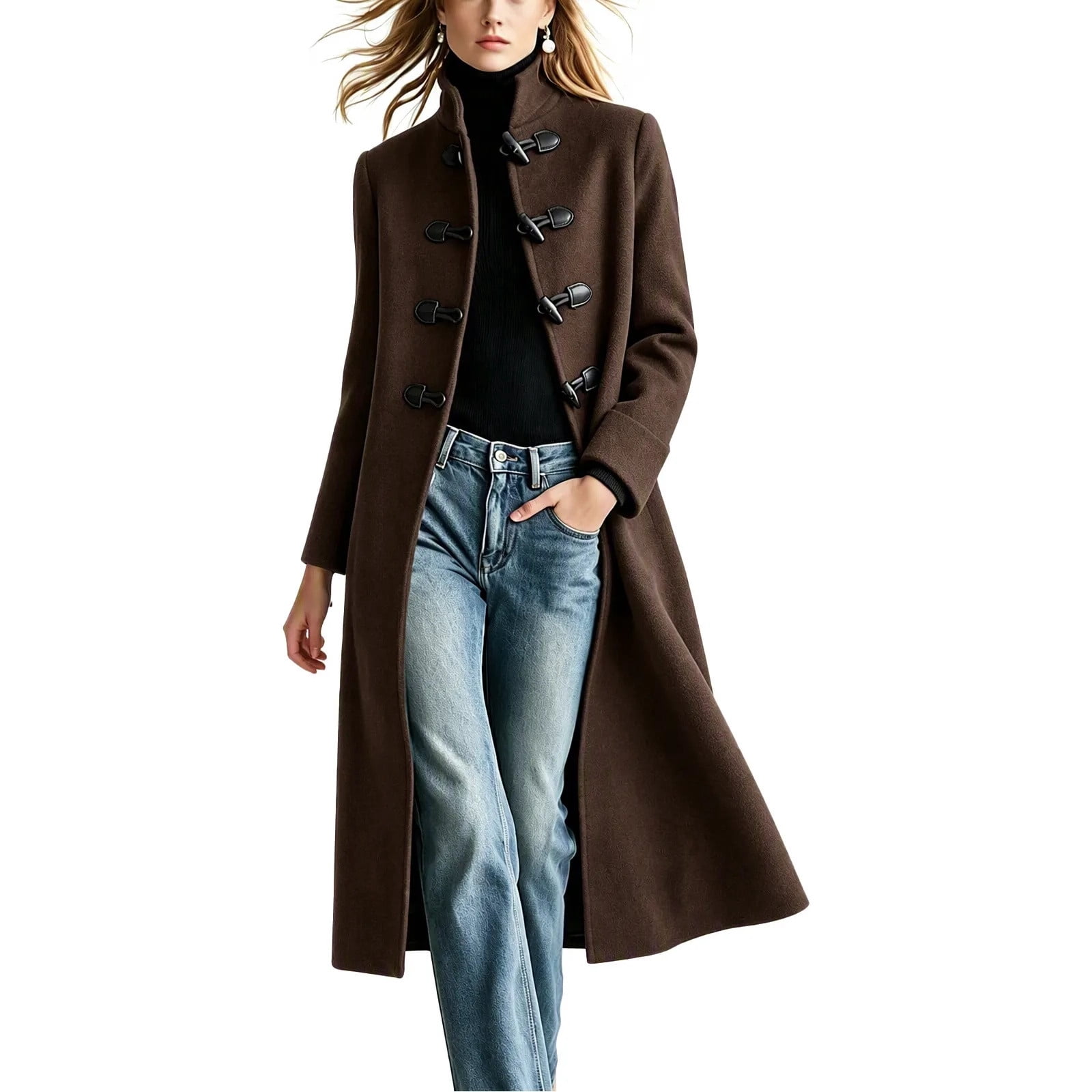 Kukoosong Women's Stand Collar Duffle Tweed Coat, Long Sleeve Toggle ...