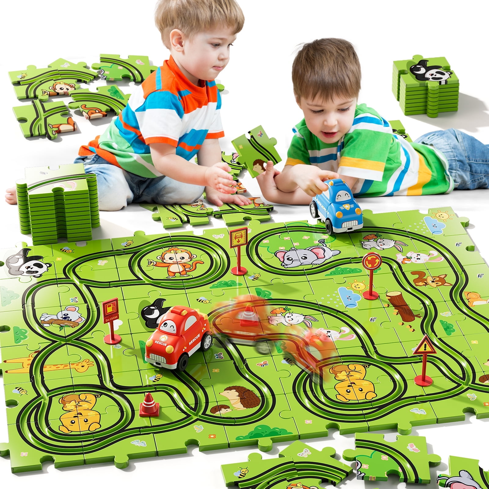 KukuFun 56 Jigsaw Puzzle Race Car Set Toys for Kids Ages 1-6 Years Old ...