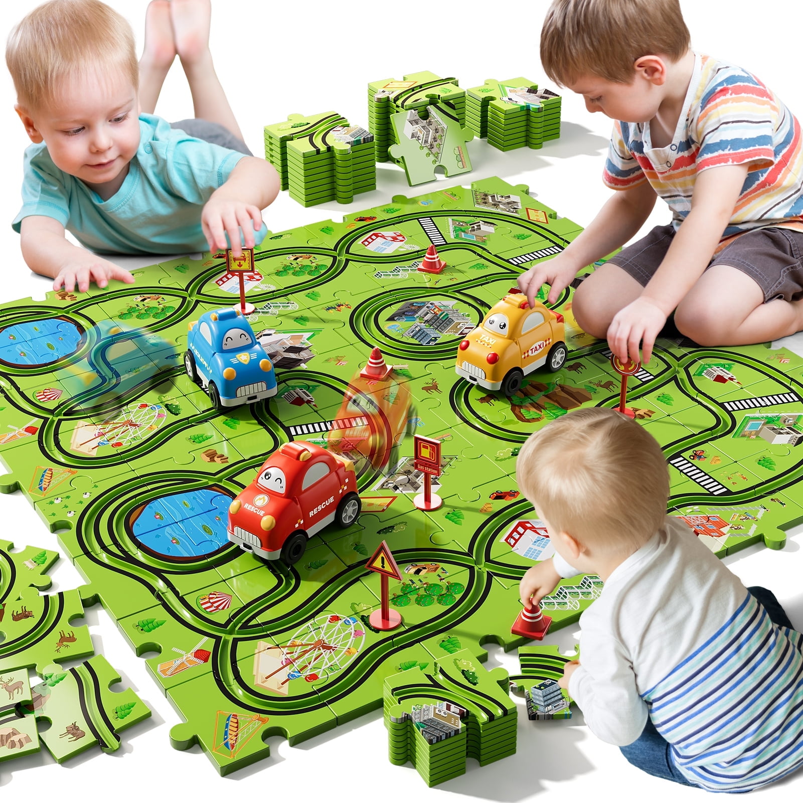 KukuFun 73 Pcs Puzzle Race Car Set Toys for Kids Ages 1-6 Years Old ...