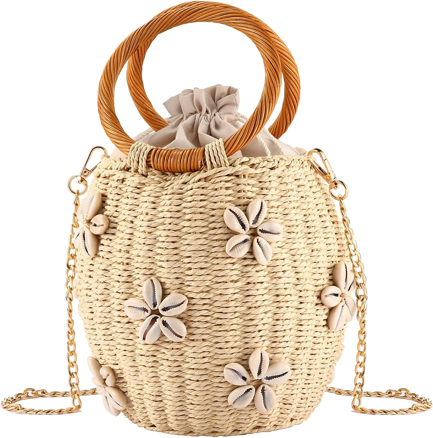 Kukuzhu Flower Pearls Rattan Tote Bag Summer Beach Drawstring Straw ...