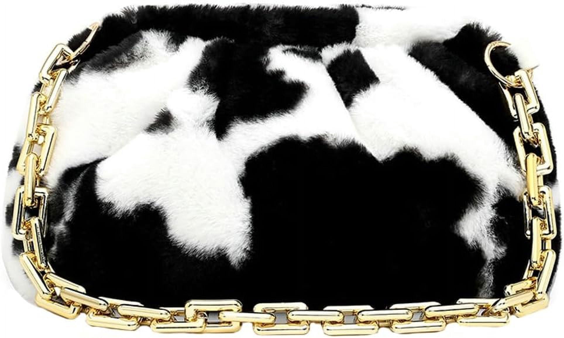 Kukuzhu Fluffy Shoulder Handbags for Women Cute Cow Pattern Faux Fur ...