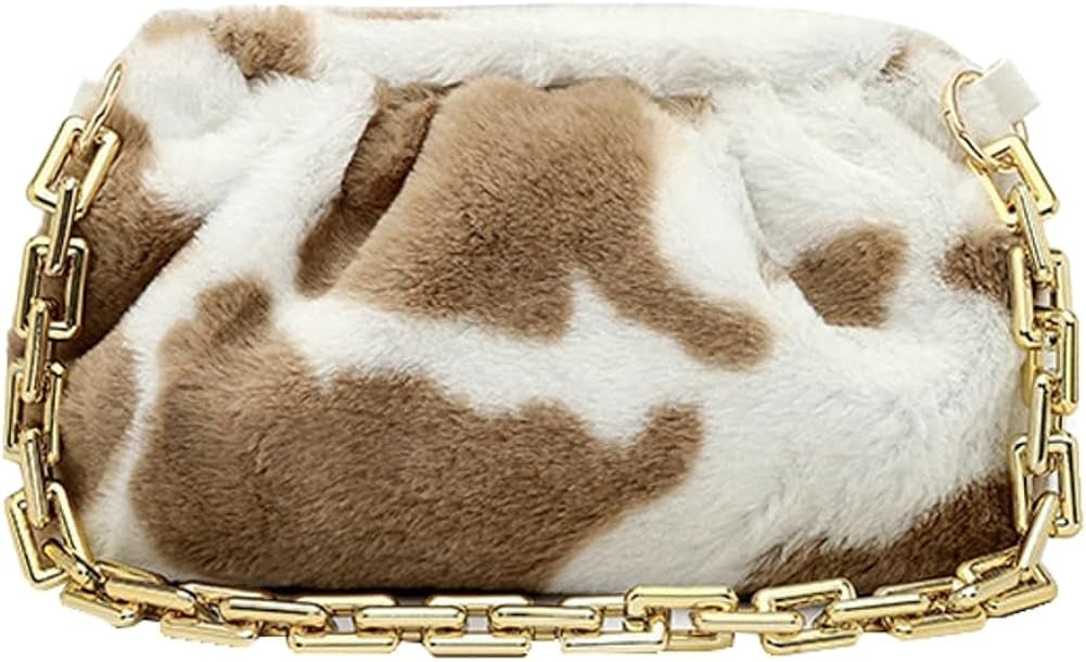 Kukuzhu Fluffy Shoulder Handbags for Women Cute Cow Pattern Faux Fur ...