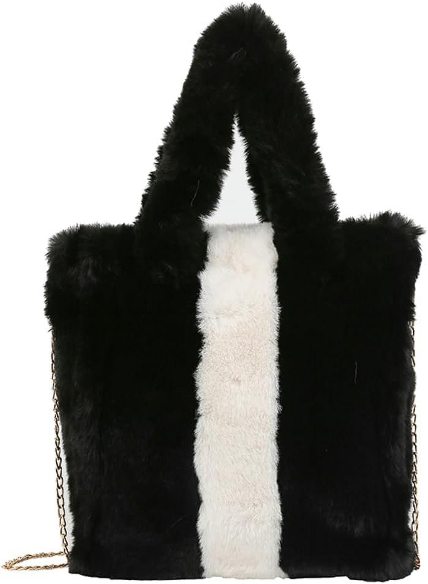 Kukuzhu Furry Handbag for Women Fuzzy Faux Fur Tote Bag Soft Shoulder ...