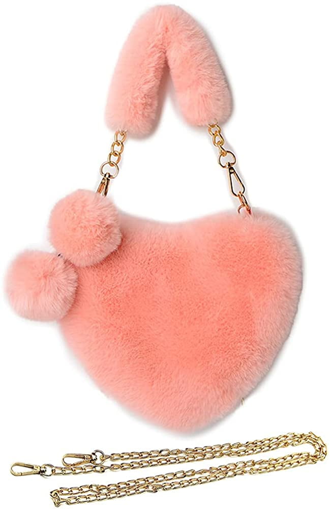 Kukuzhu Furry Purse For Girls Heart Shaped Fluffy Faux Fur Handbag For