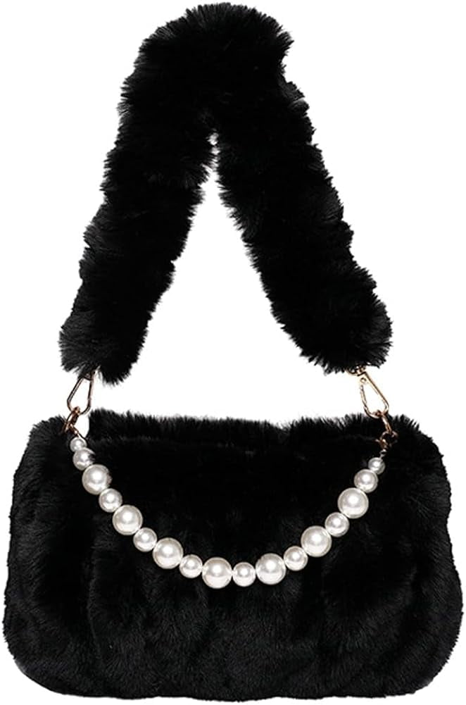 Kukuzhu Furry Purse for Women Fuzzy Faux Fur Pearl Tote Handbag Cute ...