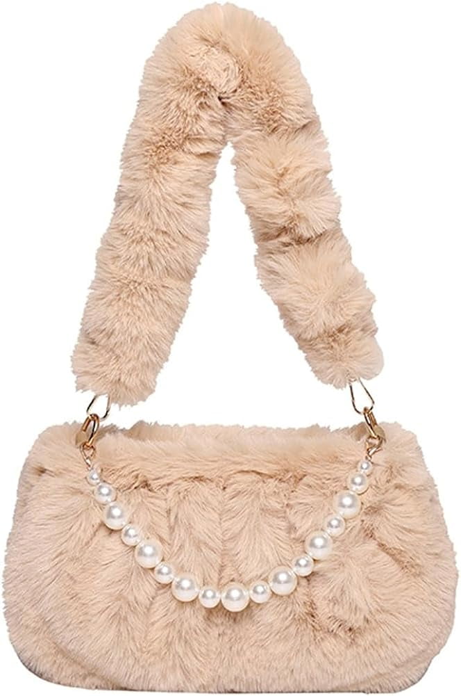 Kukuzhu Furry Purse for Women Fuzzy Faux Fur Pearl Tote Handbag Cute ...