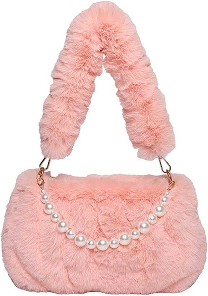 Kukuzhu Furry Purse for Women Fuzzy Faux Fur Pearl Tote Handbag Cute ...
