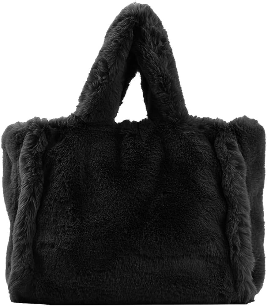 Kukuzhu Furry Tote Bag for Women Fluffy Long Plush Handbag Large Tote ...