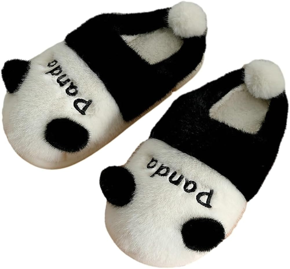 Kukuzhu Fuzzy Panda Slides for Women Men Cute House Slippers Soft Furry ...