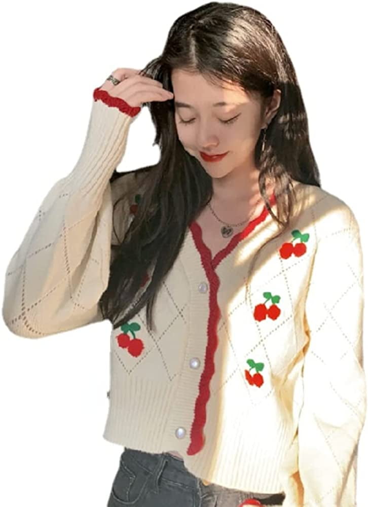 Kukuzhu Kawaii Cherry Embroidery Cardigan Y2K Knitted Fairycore ...