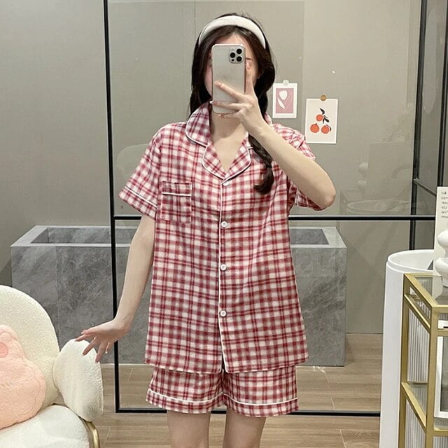 Kukuzhu Pure Cotton Cute Grid Girls Pajamas Set Korean Summer New Short Sleeve Sleepwear Women