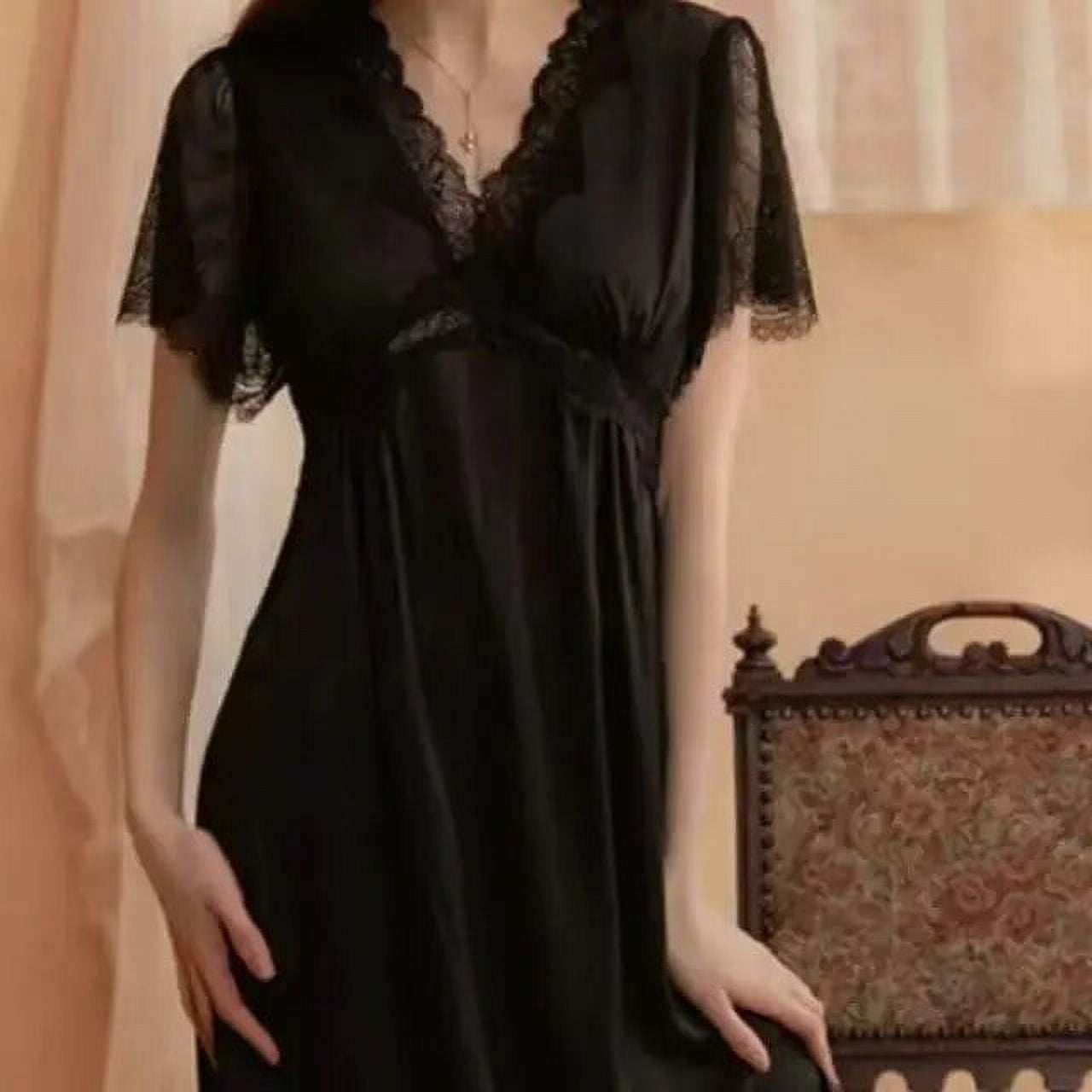 Kukuzhu Sexy Womens Lace Night Dress Silk Summer V Neck Ladies