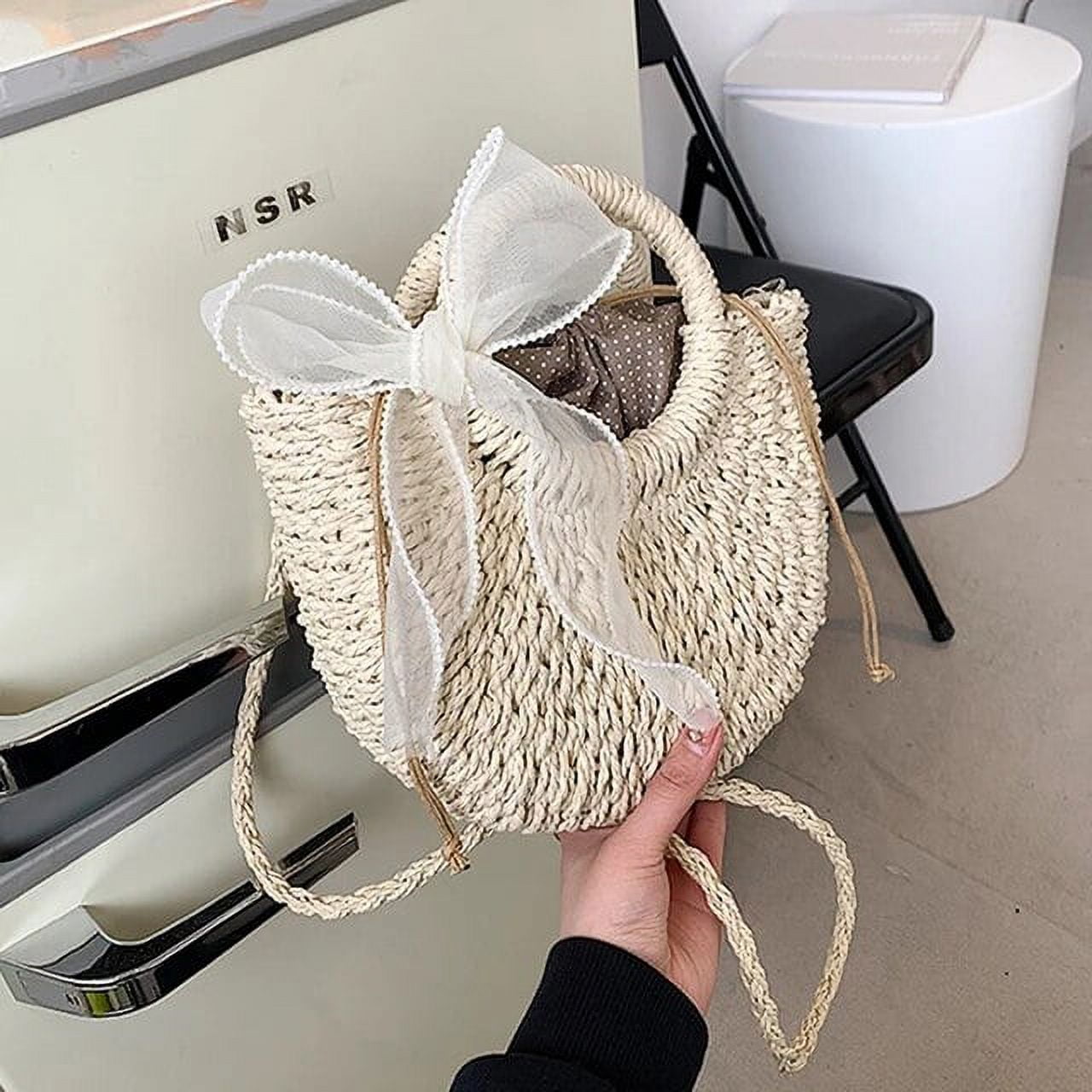 Kukuzhu Straw Bag Women Hand-Woven Handbag Moon Shape Lace Bow Rattan ...