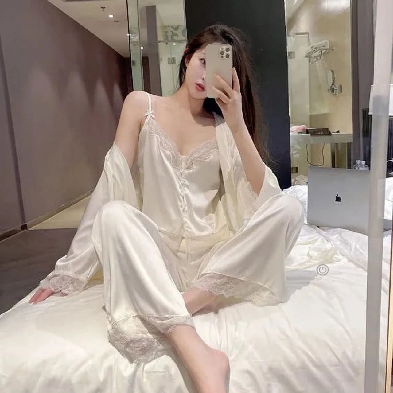 Kukuzhu Summer Clothes For Womens 3 Piece Set Silk Pajamas For Women
