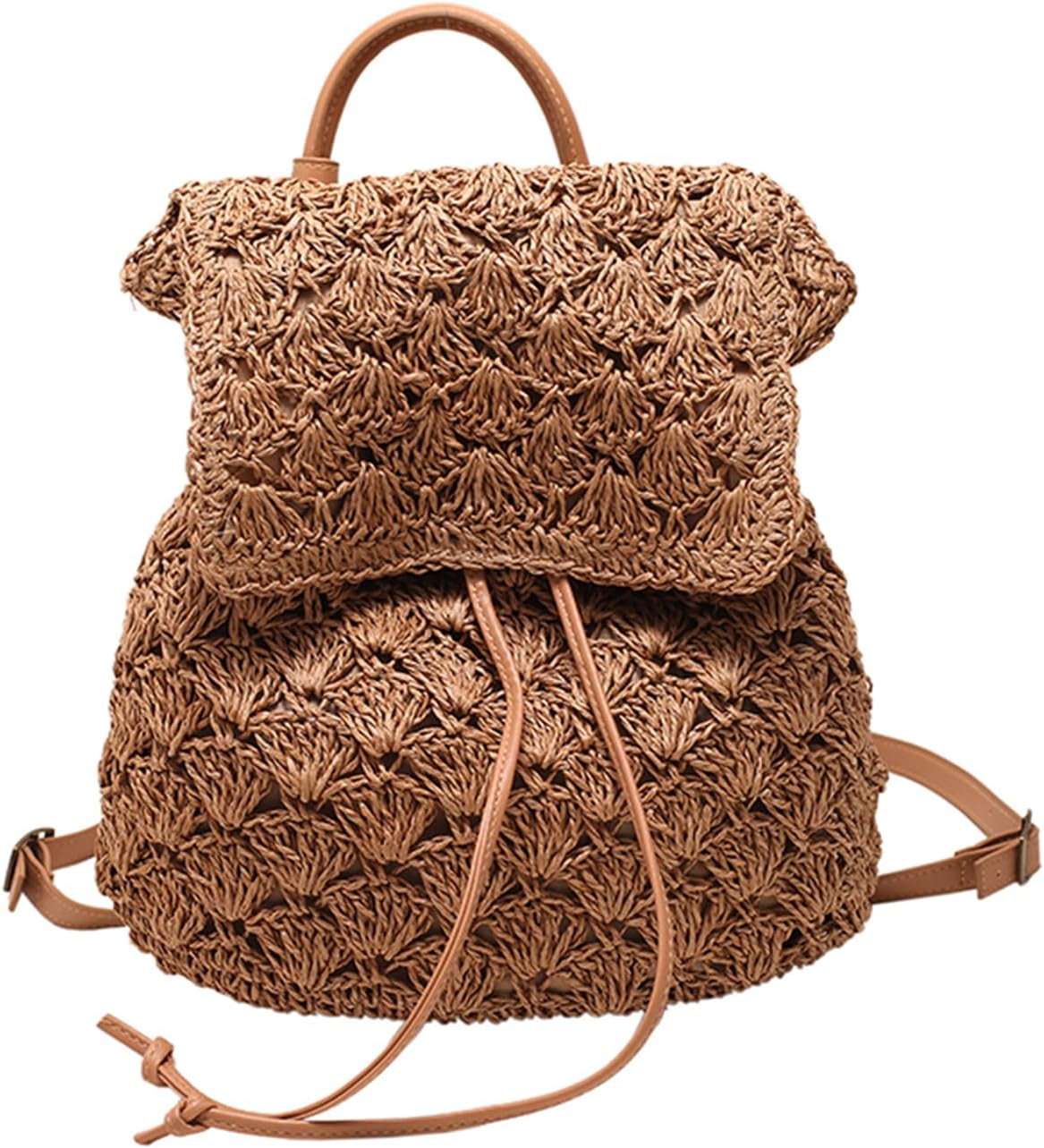 Kukuzhu Summer Handmade Woven Crochet Straw Backpack Flap Drawstring ...