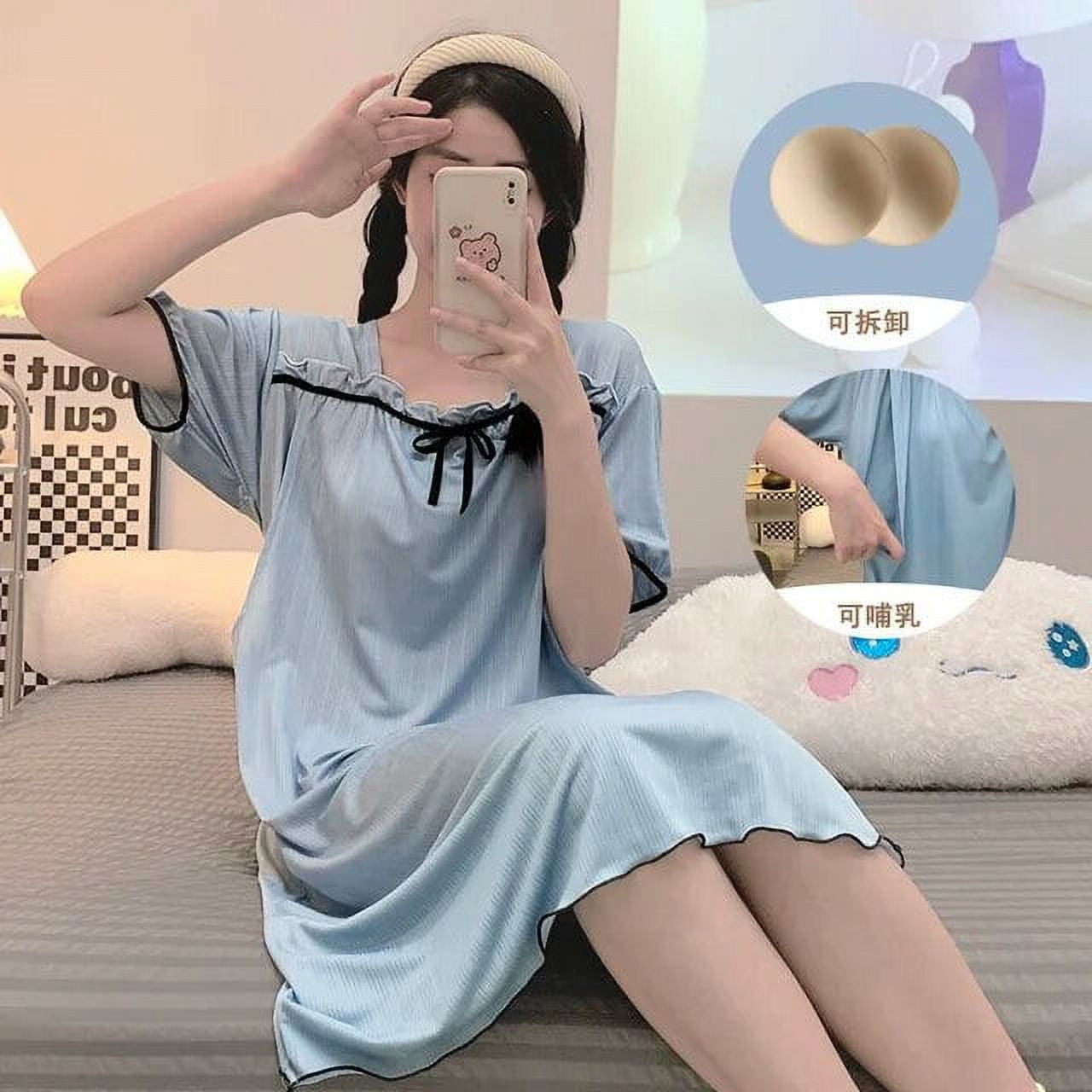 Kukuzhu Summer Nightgowns Women With Chest Pad Nightdress For Sleeping