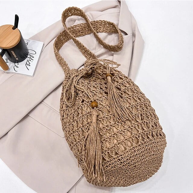 Kukuzhu Summer Straw Shoulder Bags Drawstring Women's Straw Bucket Bag ...