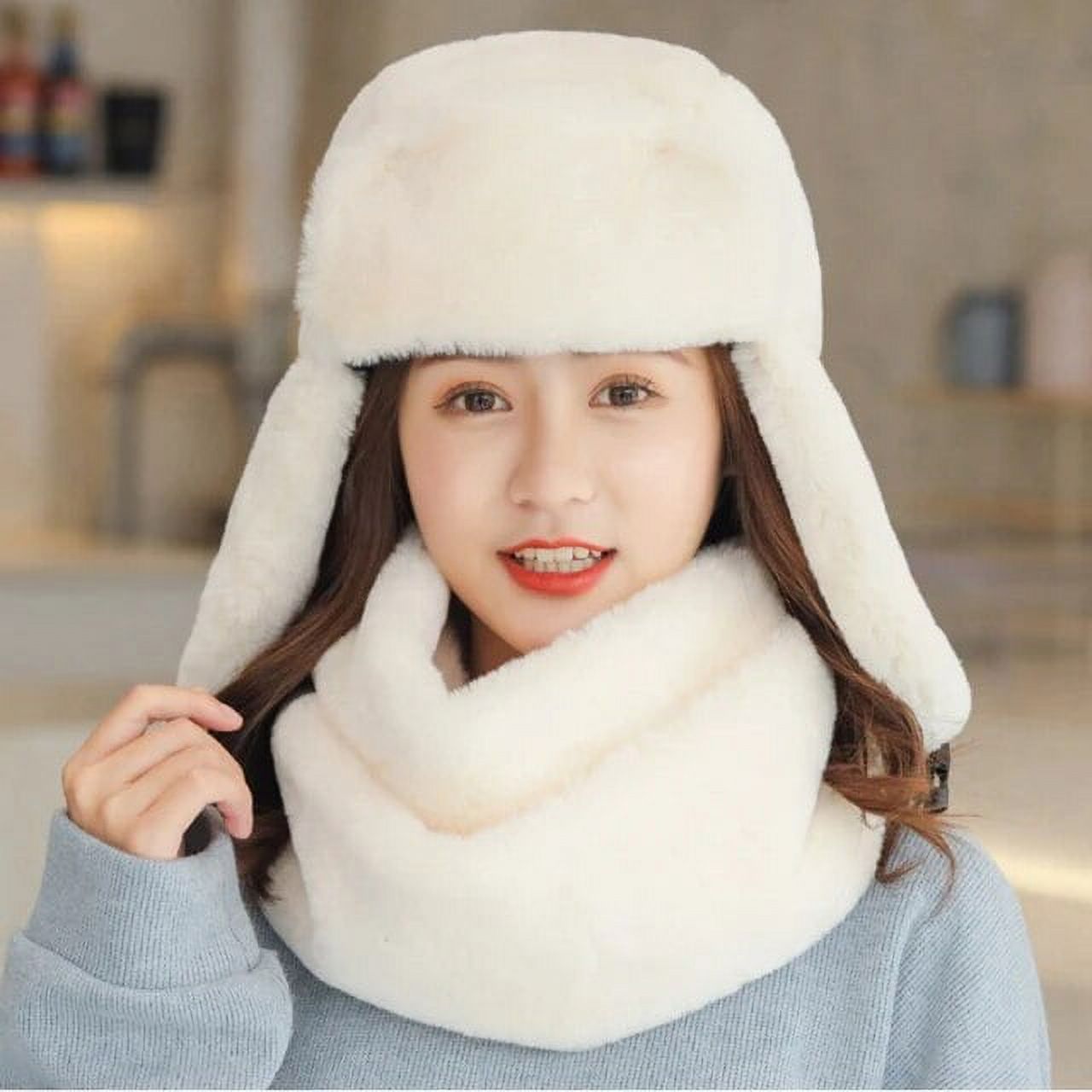 Kukuzhu Thick Plush Warm Winter Hat Hat with scarf For Women Trapper ...