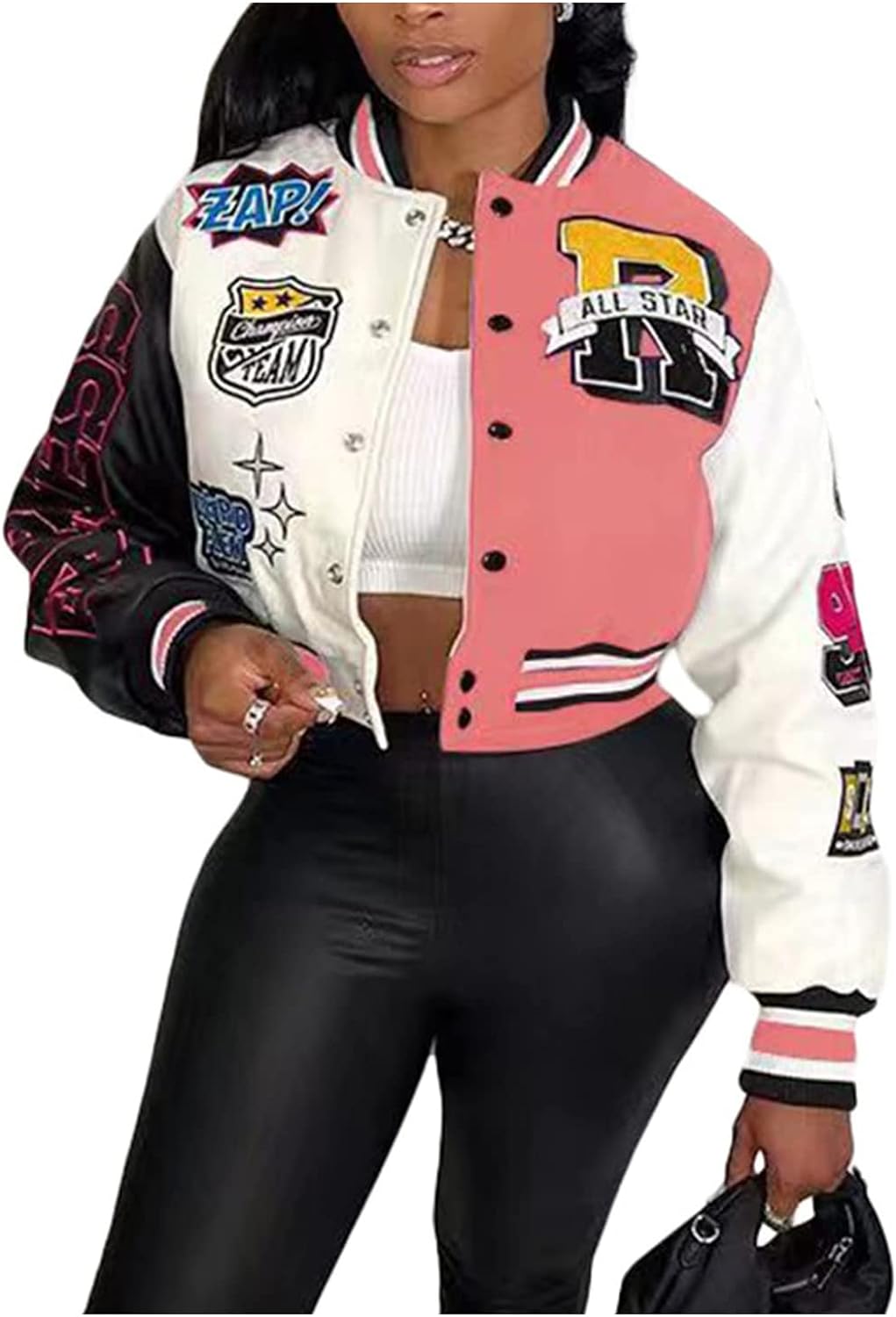 Kukuzhu Varsity Jacket Women Letterman Jacket Colorblock Y2K Cropped ...