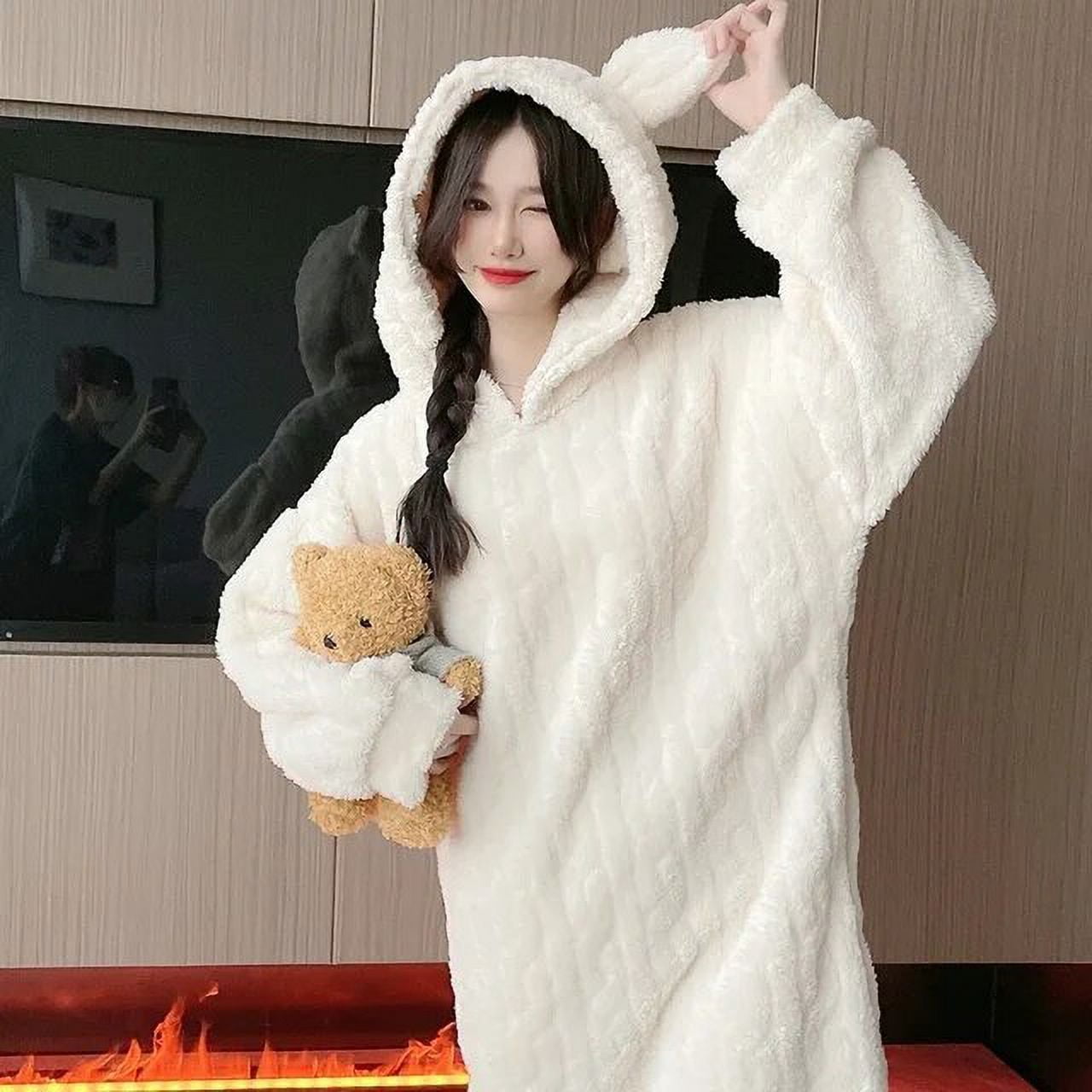 Kukuzhu Winter Long Sleeve Thick Warm Flannel Hooded Nightgowns For