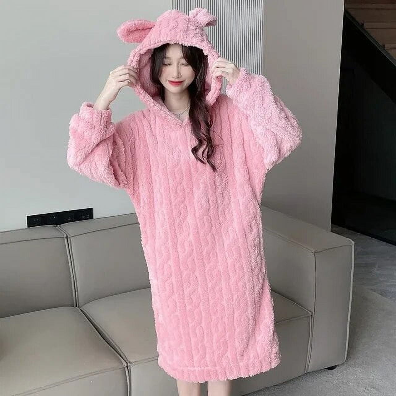 Kukuzhu Winter Long Sleeve Thick Warm Flannel Hooded Nightgowns For