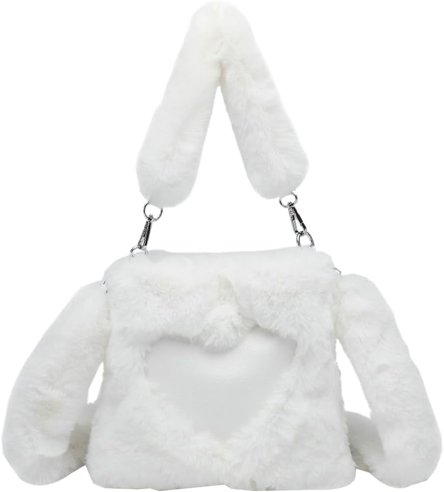 Kukuzhu Women Fluffy Tote Bag Cute Heart Pattern Furry Clutch Shoulder ...