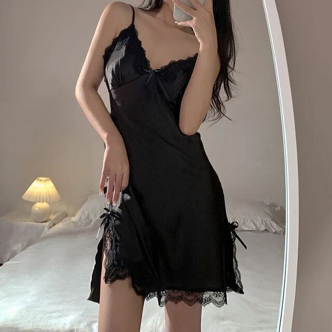 Kukuzhu Women Sexy Silk Pajamas Embroidery Lace Suspenders Nightdress