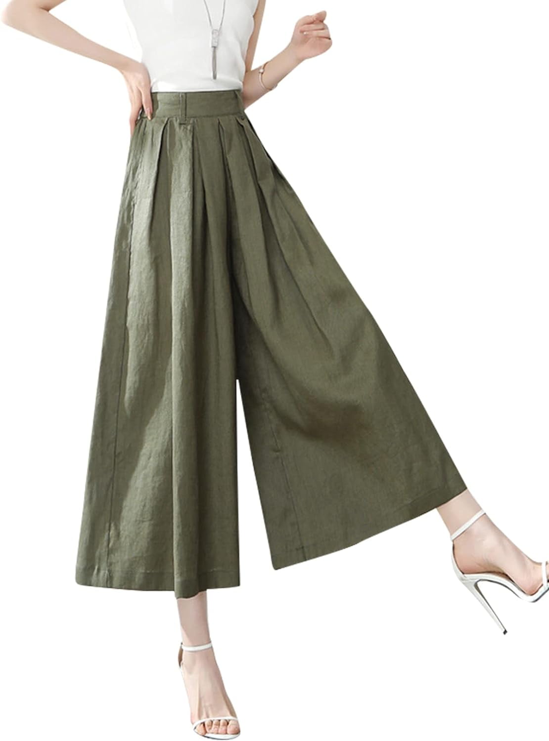 Kukuzhu Womens Culottes Elastic Waist Capris Crop Wide Leg Linen