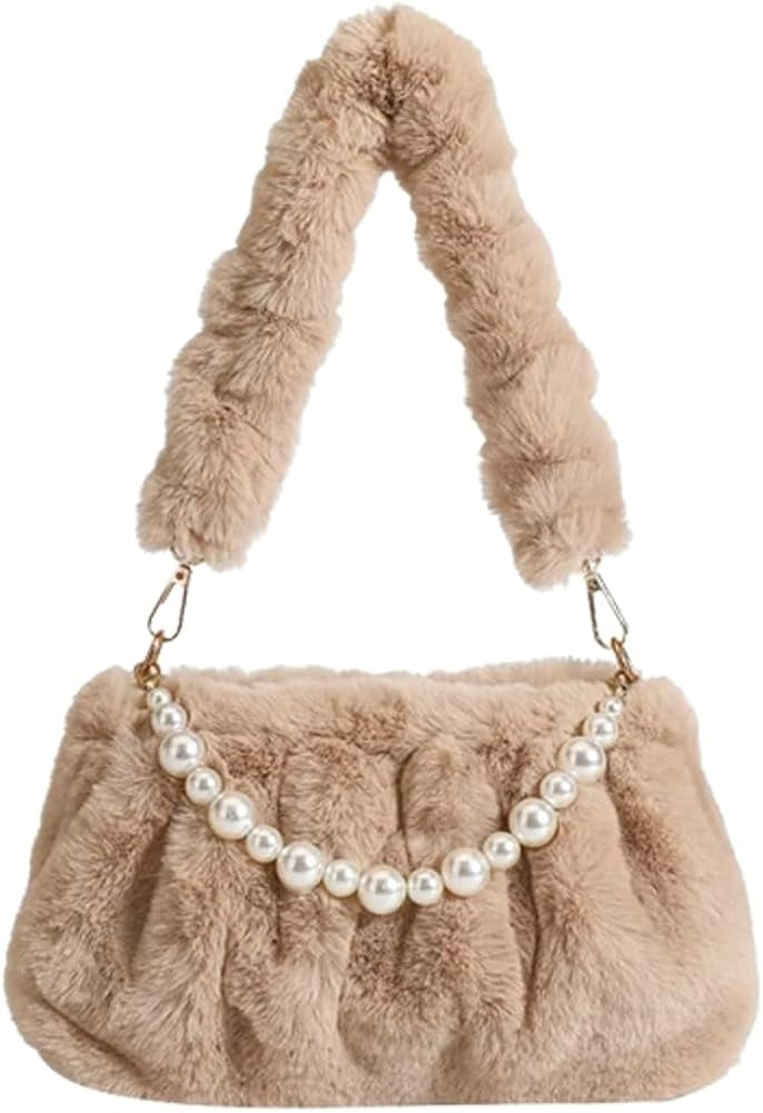 Kukuzhu Women’s Faux Fur Hobo Bag Soft Fluffy Clutch Handbags Pearl ...