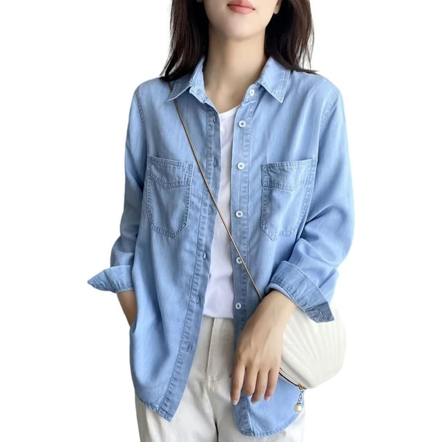 Kukuzhu Women's Tencel Relaxed-Fit Long Short Sleeve Button-Up Tunic ...