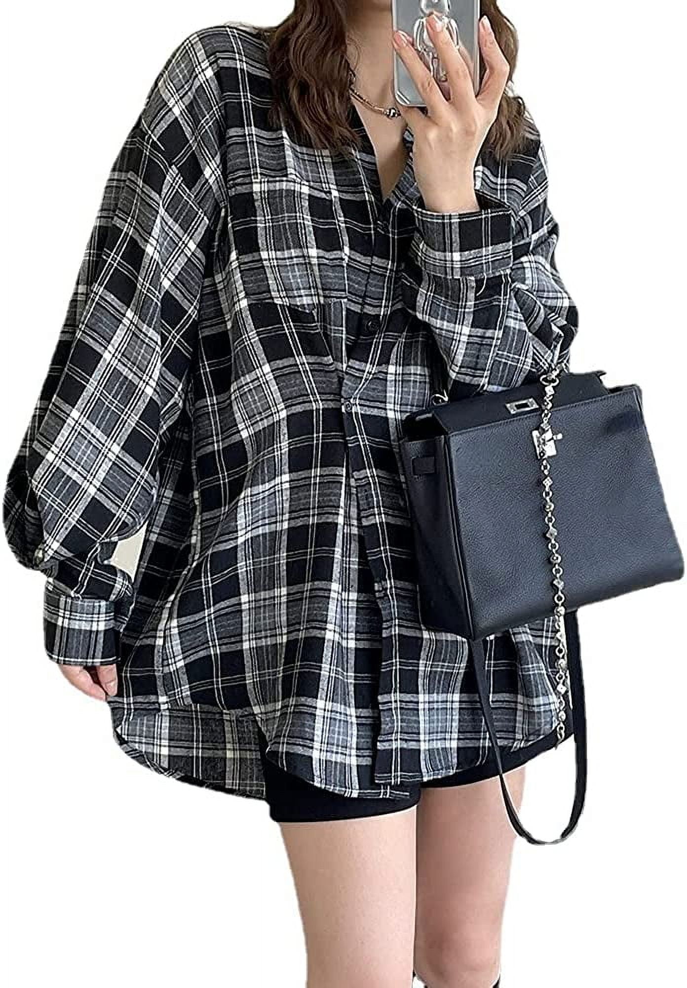 Kukuzhu Womens Flannel Plaid Shirts Oversized Y2K Grunge Gothic Button ...