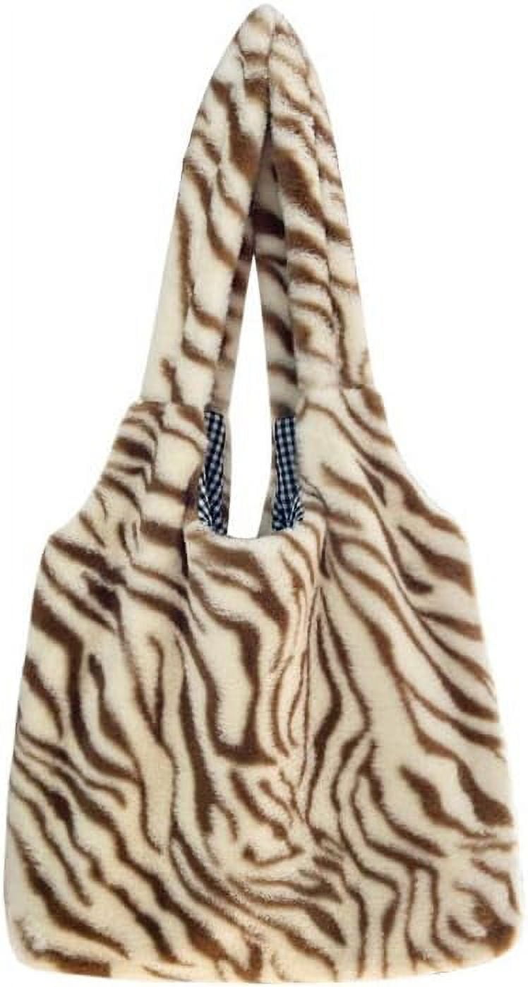 Kukuzhu Y2k Furry Purse Women Cow Pattern Fuzzy Tote Bag Fairycore