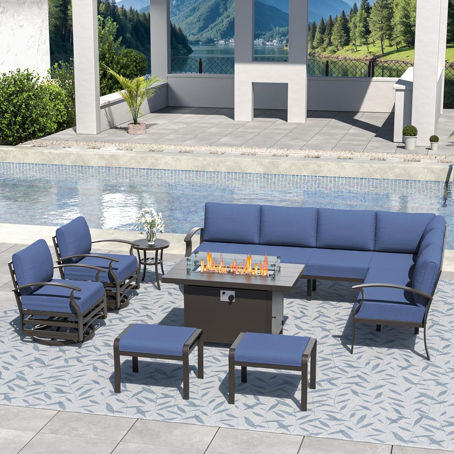 Kullavik 10 Seat Metal Corner Sofa Set with Propane Fire Pit Table and ...